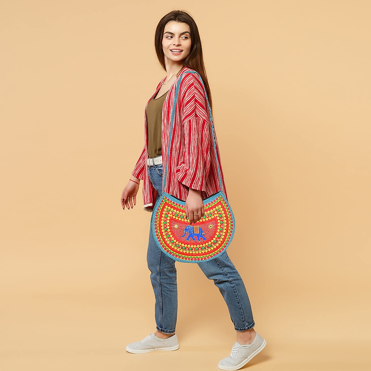 North Creed Crossbody Elephant Flora Embroidery Shoulder Bag, Indian Ethnic Travel Handbag with Zipper Pocket- Blue