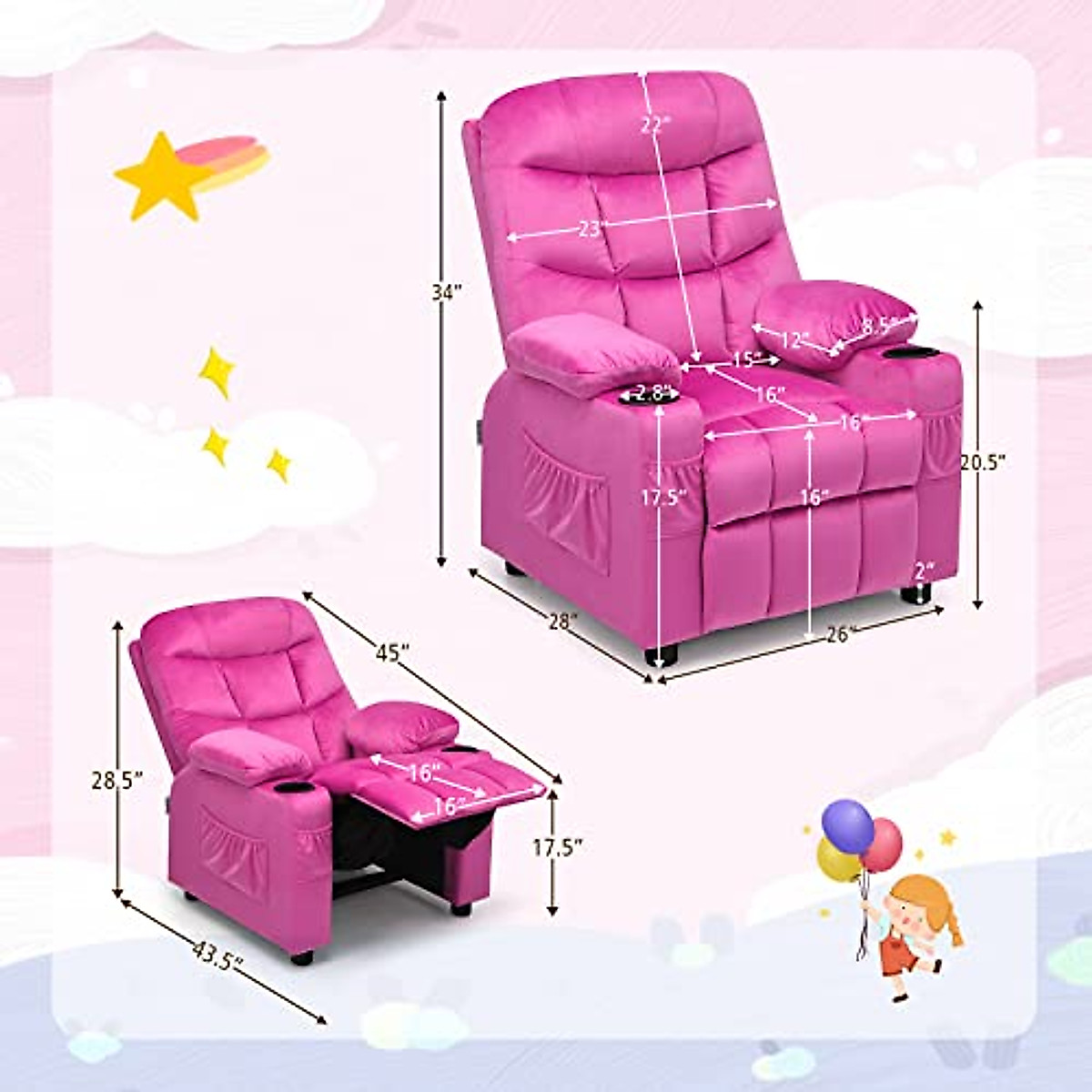 COSTWAY Larger Kids Recliner Chair, Adjustable Lounge Recliner w/ 2 Cup Holders, 1 Side Pocket, 2 Front Pockets, Footrest, Velvet Fabric Recliner for Boys & Girls, Ideal for Bedroom (Pink)