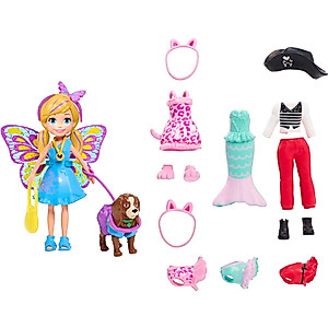 Polly Pocket Doll & Accessories, Masque ‘N Match Costume Pack with 3-Inch Small Doll, Pet, 4 Costumes for Doll & for Pet
