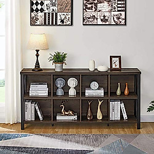 FATORRI 8 Cube Storage Organizer Bookshelf, Rustic Wood Cubby Bookcase, Industrial Horizontal Long Shelf for Living Room (Walnut Brown, 62 Inch)