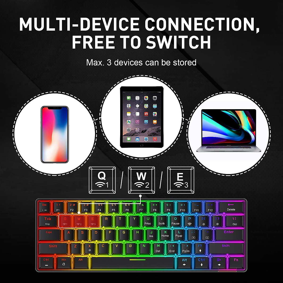 havit Wireless 60% Mechanical Keyboard 61 Keys Rainbow Backlit Gaming Keyboard Bluetooth 5.0/Type-C Wired Programmable Computer Keyboard with Red Switch for Multi-Devices PC Mac Laptop (Black)