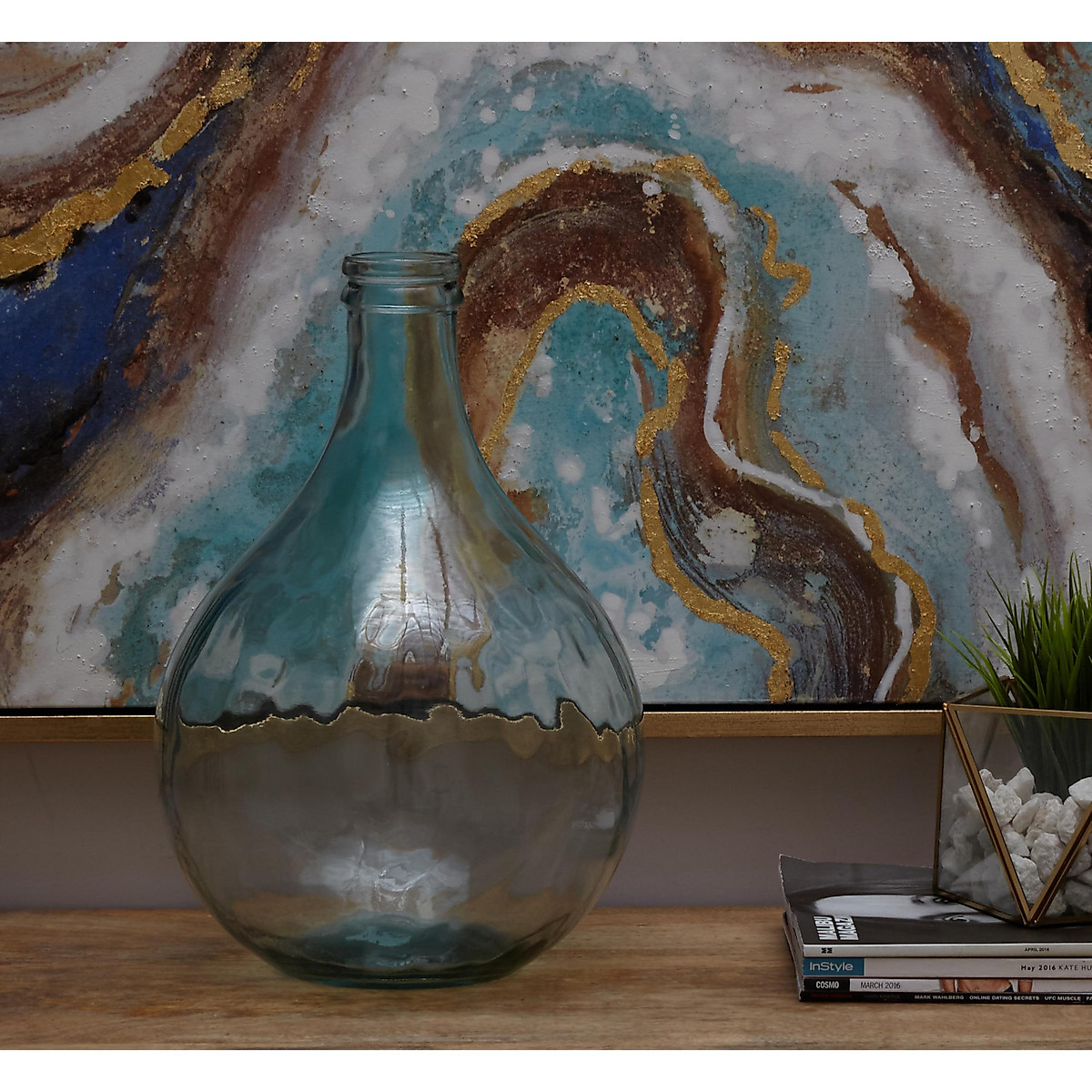 Deco 79 Recycled Glass Handmade Decorative Vase Spanish Bottle Centerpiece Vase, Flower Vase for Home Decoration 11" x 11" x 17", Blue