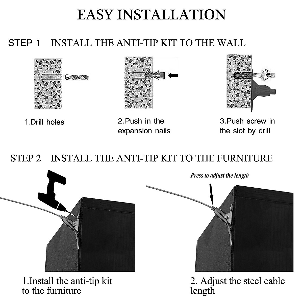 Global Furniture Anti-Tip Straps - Steel Cables Furniture Anchor Kit for Baby Safety (Mounting Hardware Included) Pack of 4