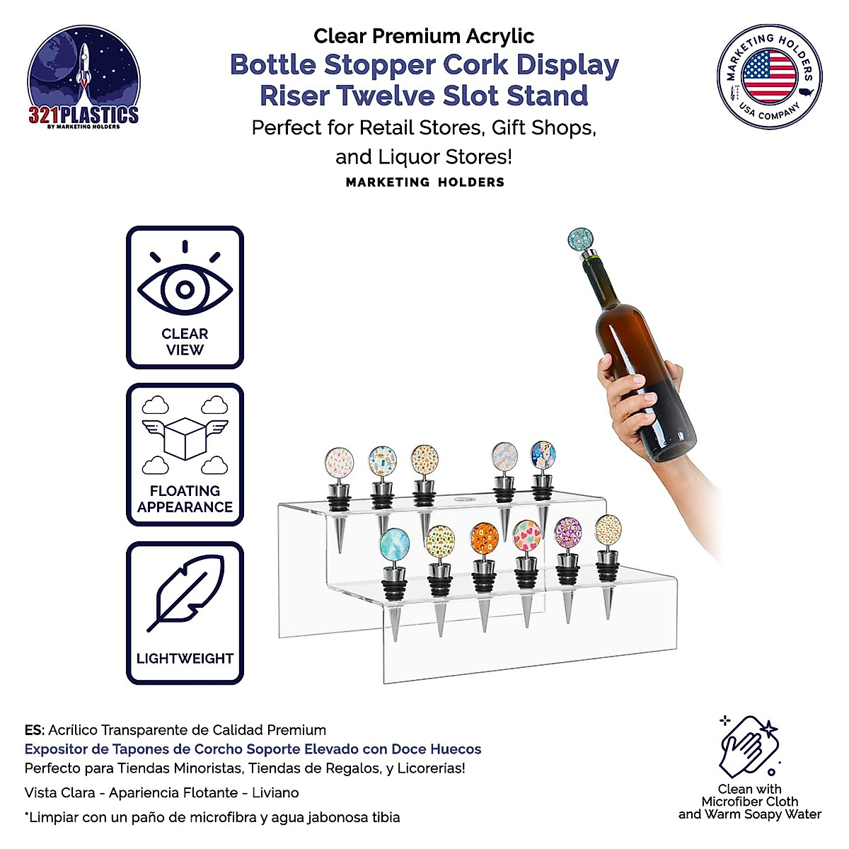 Marketing Holders Wine Stopper Wine Bottle Topper Liquor Pourer Display Stand 12 Slot Rack .75 Inch Wide Holes Clear Acrylic 2 Tier Riser 11.75 Inch Wide by 4.75 Inch Deep Retail Counter Showcase