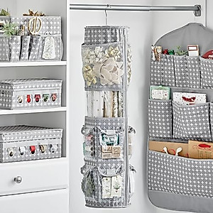 mDesign Gift-Wrapping Ribbon Storage Box with Handles - Holiday Bow Organizer Container with Lid - Christmas Giftwrap Ribbon Holder - Gift Storage Tote Bin and Bow Station with Polka Dots - Gray