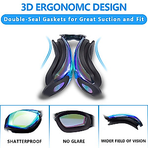 Keary Swim Goggles Pack of 2 Anti-Fog Swimming Goggles for Adults Women Men Youth Junior, No Leaking UV Protection Waterproof Mirrored Lens Triathlon Pool Goggles with 3 Size Nose Pieces & Earplugs