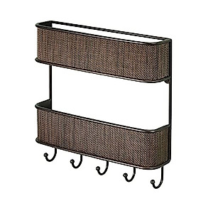 mDesign Wall Mount Metal Woven Mail Organizer Storage Basket - 2 Tiers, 6 Hooks - for Entryway, Mudroom, Hallway, Kitchen, Office - Holds Letters, Magazines, Coats, Leashes, Keys - Bronze