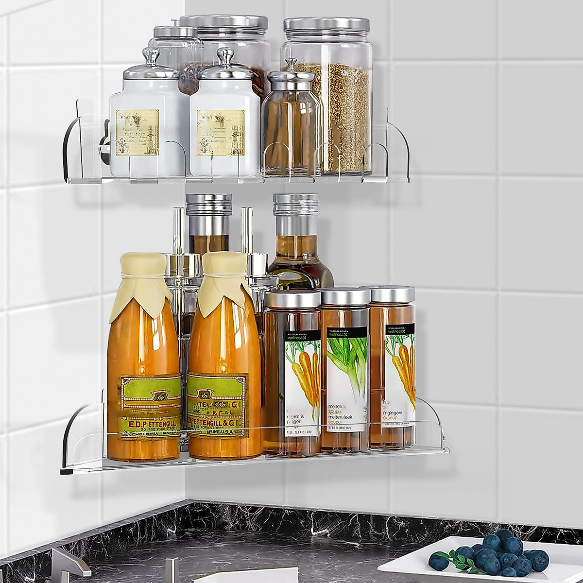 popbricks 2 Pack Acrylic Corner Shower Shelves, Clear Adhesive Shower Caddy Suction Cup for Tile Walls, Wall Mounted Bathroom Shower Shelf for Inside Shower & Kitchen Organizer Storage