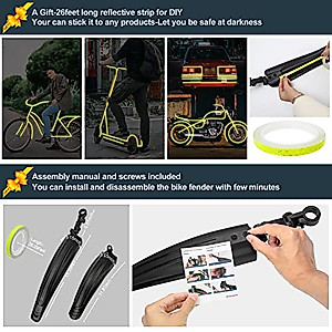 Bike Mudguard Set with 8M DIY Reflective Tape, 2 Parts-Universal Full Cover Thicken Widen Bicycle Fender Set, Front/Rear Mud Guards Fit for 20"/22"/24"/26" MTB Mountain Road Bike(Black)
