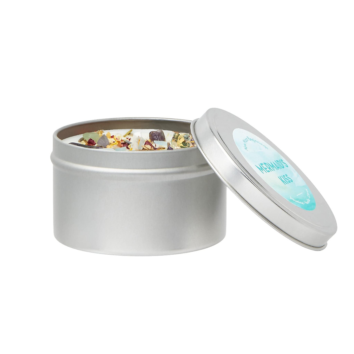 Mermaid's Kiss Candle by New Moon Beginnings - Ocean Candle - Mermaid Candle - Dried Flower, Herb, & Crystal Candles - All Natural Soy Candle - Sweet & Citrus - 8oz Tin