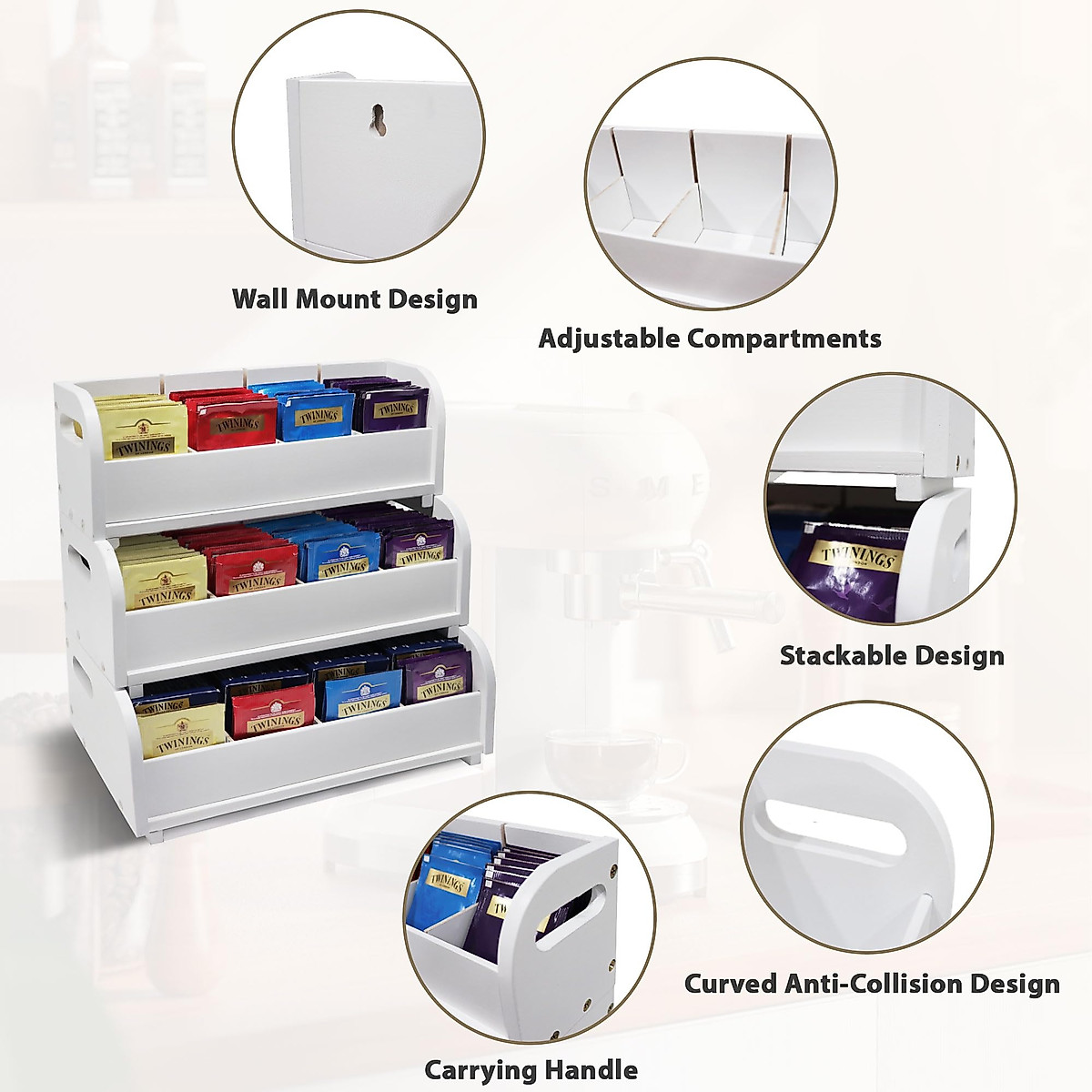 Tea Bag Storage Organizer Box - Bamboo Tea bags Holder 3-Tier Stackable Wall Mount Large Capacity Tea Caddy Containers for Pantry Countertop Kitchen Counter Cabinet Office (White)