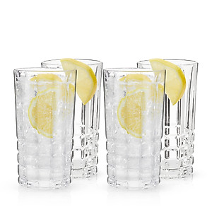Viski Highland Highball Drinking Glasses Set of 4 - Premium Crystal Square Cut Tall Cocktail Glassware Gift Set, 12 oz
