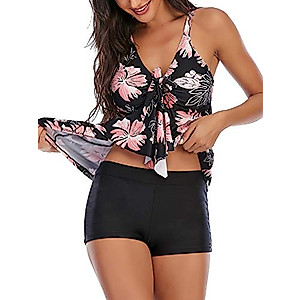 Tankini Swimsuits for Women Two Piece Bathing Suits Floral Print Tank Top with Boyshorts Tummy Control Swimming Suits Pink Print 16-18