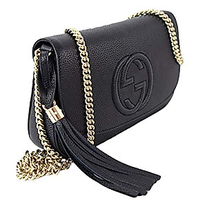 Gucci Soho Leather Flap Shoulder Bag Black Gold Tassel New Authentic