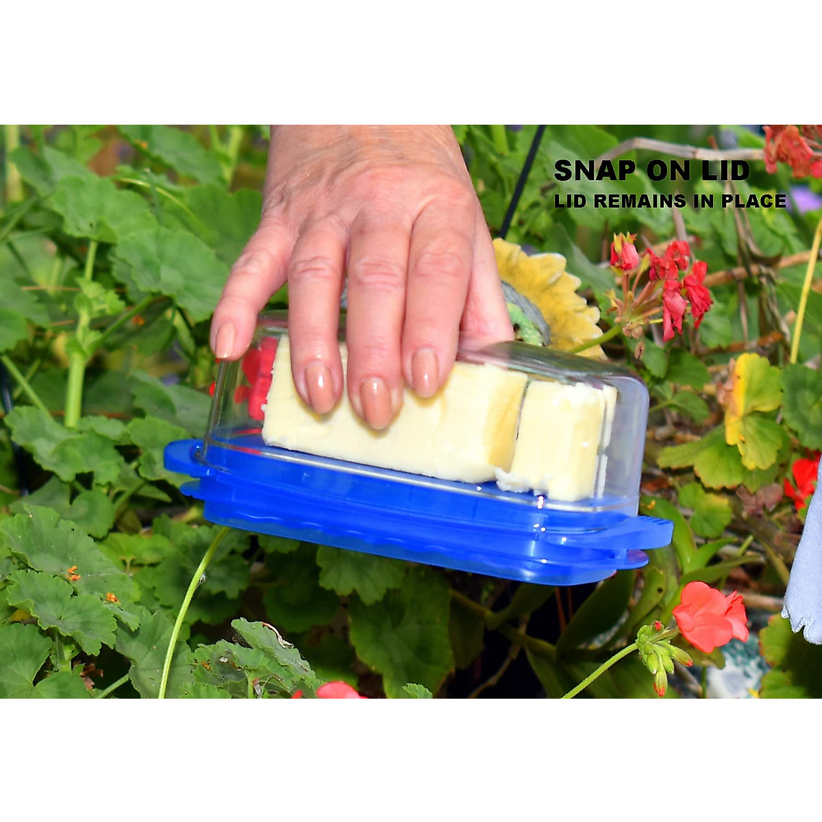 Sana Enterprises Butter Dish (Blue) with Lid (Clear) Lightweight Butter Keeper with Cooling Pack for Keeping Butter, Margarine, Spreads, Or Cheeses Cool and Fresh, Ideal for inside & outside Dining