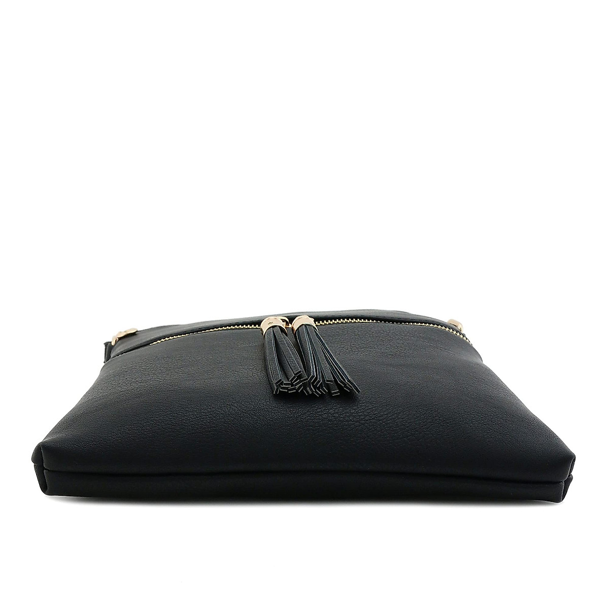 FashionPuzzle Tassel Zip Pocket PU Leather Crossbody Bag (Black)