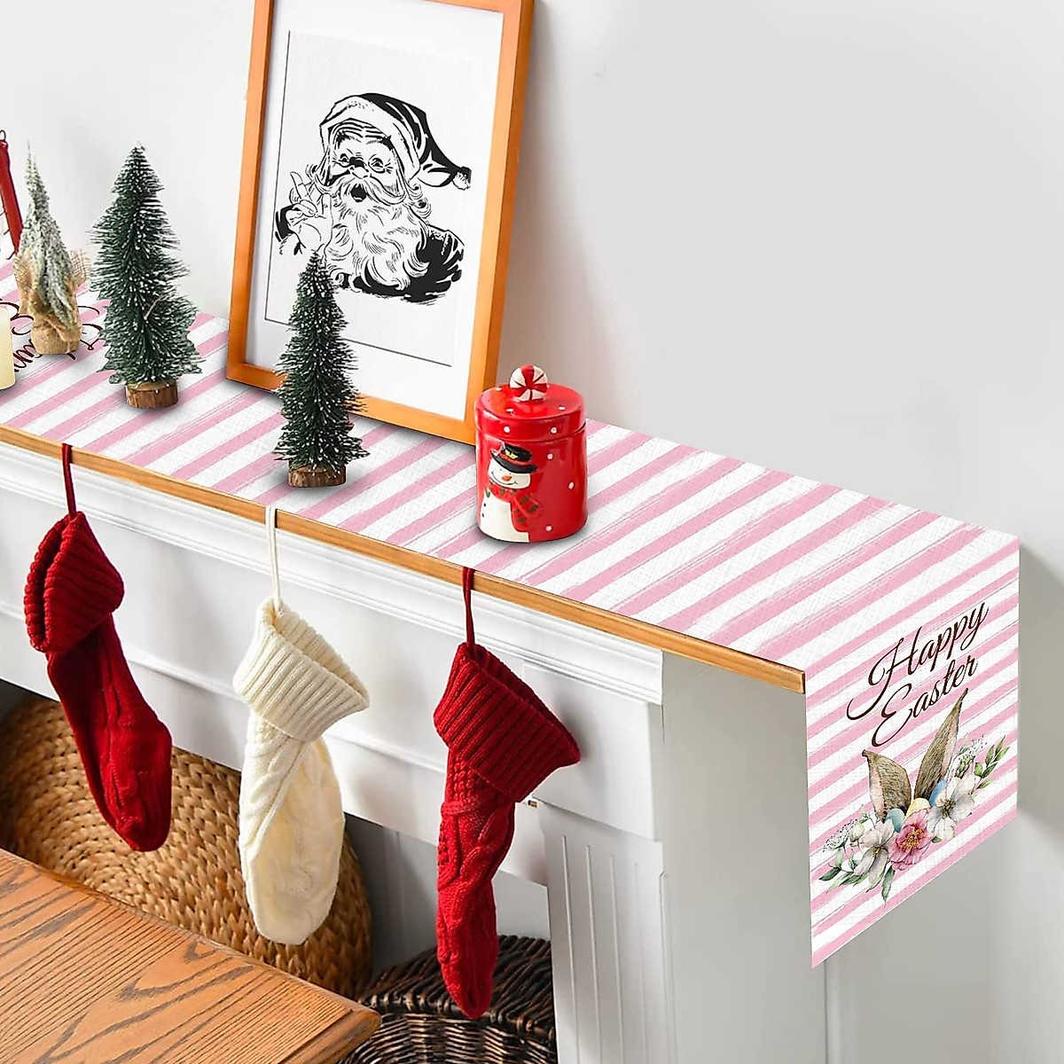 Sping Table Runner 13x72 Inches, Easter Floral Table Runner with Pink Stripe for Easter Spring Holiday Dining Table Party Decorations Events