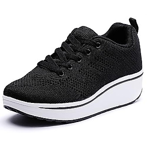 WUIWUIYU Womens Outdoor Casual Wedge Platform Mesh Lace-Up Sport Athletic Rocker Shoes Trainers Sneakers Black Size 5 M US