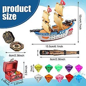 32 Pcs Pirate Ship Cake Topper Nautical Sailboat Model Decoration Set Gold Coins and Pirate Gems Kids Telescope Pirate Treasure Chest Compass Mini Palm Tree for Kids Pirate Birthday Party Supplies