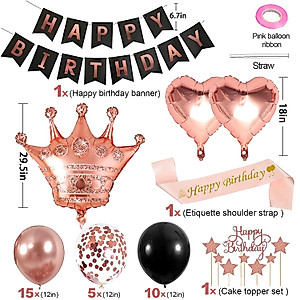 Rose Gold and Black Birthday Party Decorations with Happy Birthday Banner for Women Girls, Decor Set for Her, 16th 18th 21th 30th 40th 50th 60th 70th Supplies Balloons