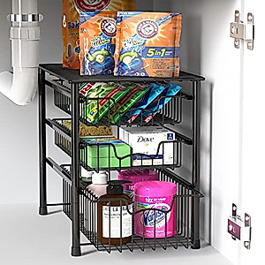 Simple Houseware 3-Tier Stackable Sliding Basket Storage Organizer Drawer for Bathroom and Kitchen, Black