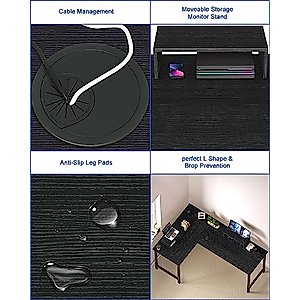 MINOSYS L Shaped Computer Desk - 58" Gaming Desk, Reversible Corner Desk, Home Office Writing Desk with Monitor Stand Shelf, Space-Saving Modern Simple Wooden Desk, Black