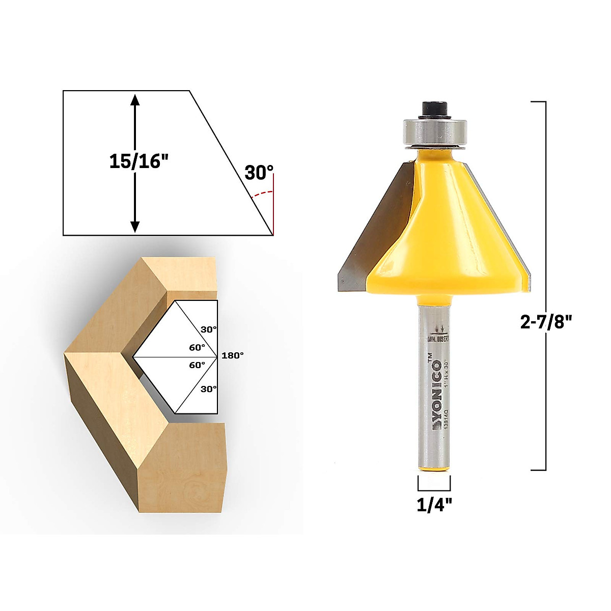 Yonico Chamfer Router Bits Bevel Edge Forming 30 Degree 1/4-Inch Shank 13905q