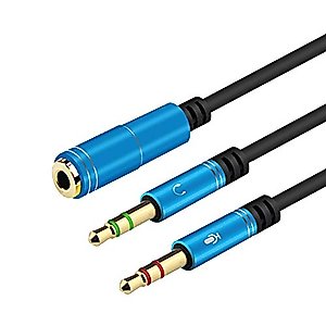 Headset Splitter Adapter for PC, Y Splitter Cable with Audio/Mic, 3.5mm Jack Headphone Adapter for Computer (Female to 2 Dual Male/Blue)