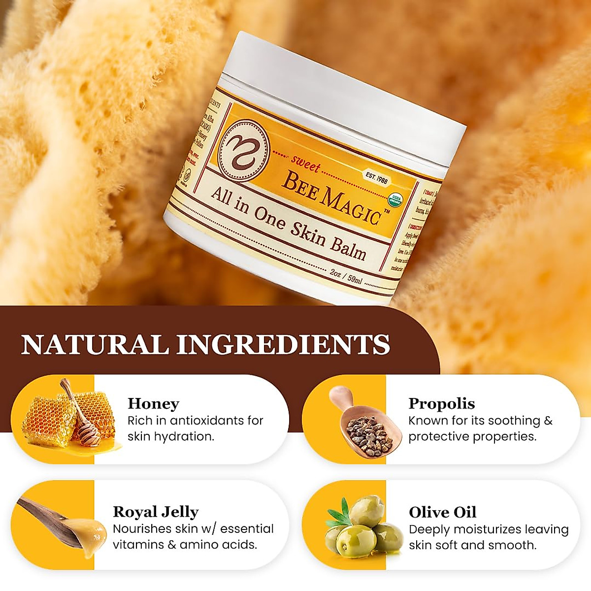 Sweet Bee Naturals - Sweet Bee Magic, All In One Healing Organic Skin Balm. Organic Skin Aid, Small Batch Crafted in USA, Certified Organic, All Natural Skin Aid- 2 Ounce Jar
