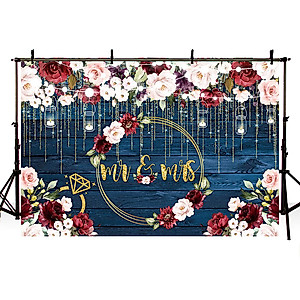 AIBIIN 7x5ft Burgundy Pink Floral Mr & Mrs Engagement Decorations Backdrop for Couples Navy Wood Wedding Bride Groom Engaged Ceremony Anniversary Bridal Shower Photography Background Photo Booth Props
