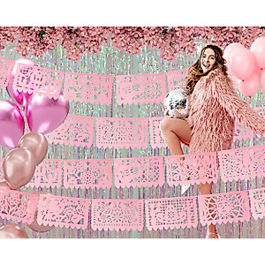Papel Picado Banner Plastic (Light Pink) Mexican banners for fiesta party, Fiestas flags for Bridal, Weddings, Baby Showers, Birthdays Pastel Pink 3 Pack