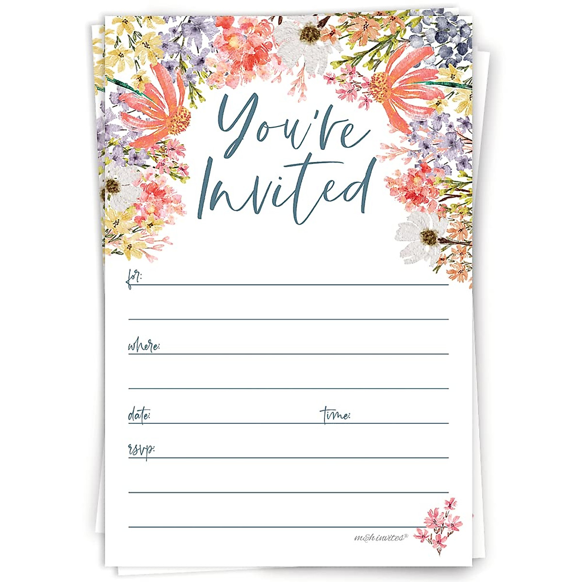 Wildflower Invitations With Envelopes (20 Count) - Floral Boho Garden Theme For Bridal Shower, 1st Birthday, Adult Birthday, Brunch or Baby Shower