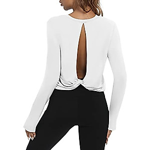 Bestisun Women Open Back Crop Tops Long Sleeve Workout Athletic Gym Cropped Dance Shirt Active Wear Yoga Tops Athletic Hiking Sport Clothes White L
