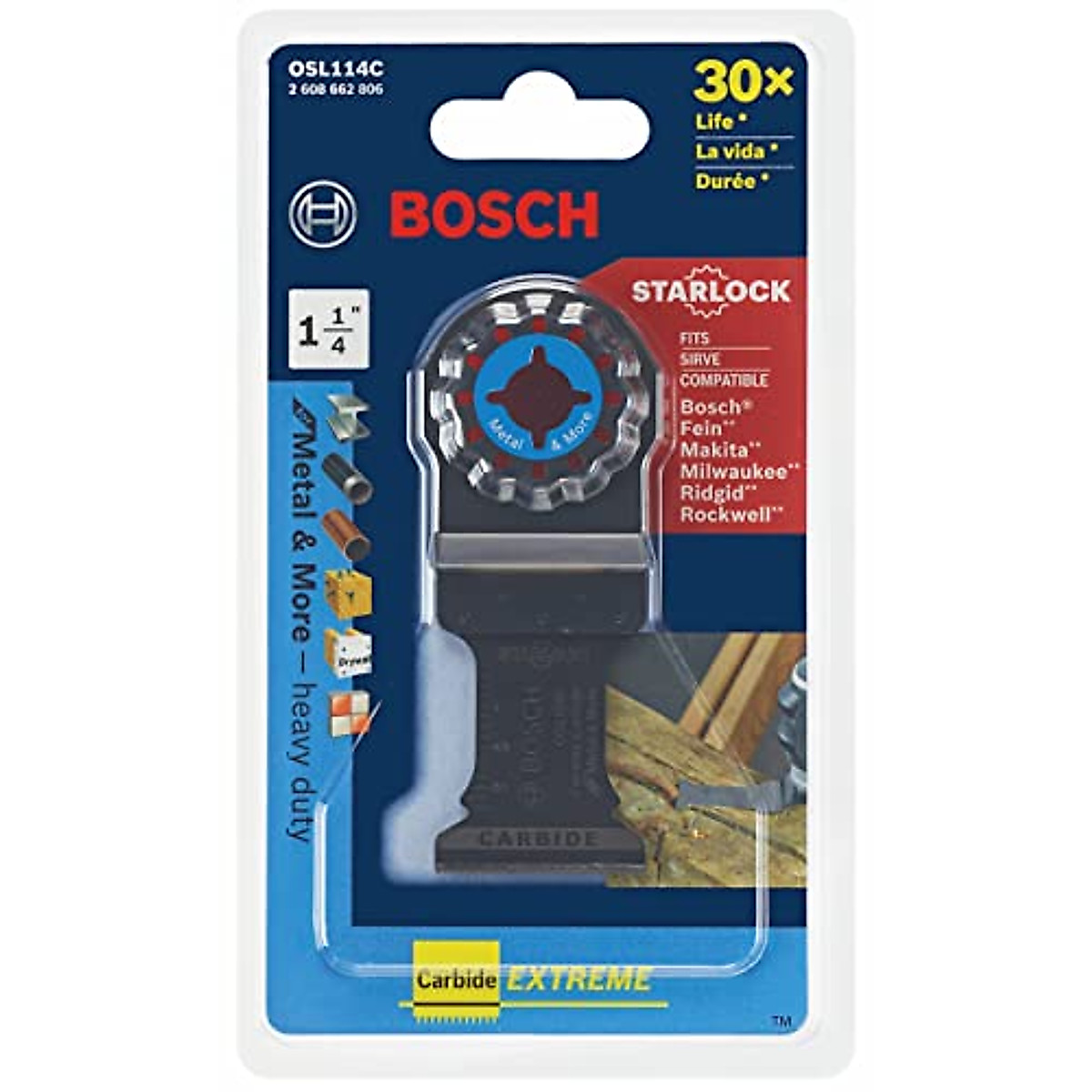 BOSCH OSL114C 1-Piece 1-1/4 In. Starlock Oscillating Multi Tool Metal & More Carbide Extreme Plunge Cut Blade for Cutting Iron Bar, Metal, Wood with Nails, Drywall and Tile