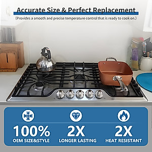 Upgraded A03546301/02/03 5304525746 5304504839 Gas Cooktop Knobs for Frigidaire Stove, Laser Engraving Sign Knob for Frigidaire Cooktop FFGC3026SS FFGC3626SS (Long Stem, Size:2.24IN, Material:ABS749)