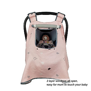 ICOPUCA Car seat Covers for Babies, Muslin carseat Cover Girls, carseat Canopy with Window, Light Weight, fit Summer/Autumn/Spring, Pink Crown, Perfect for gils;