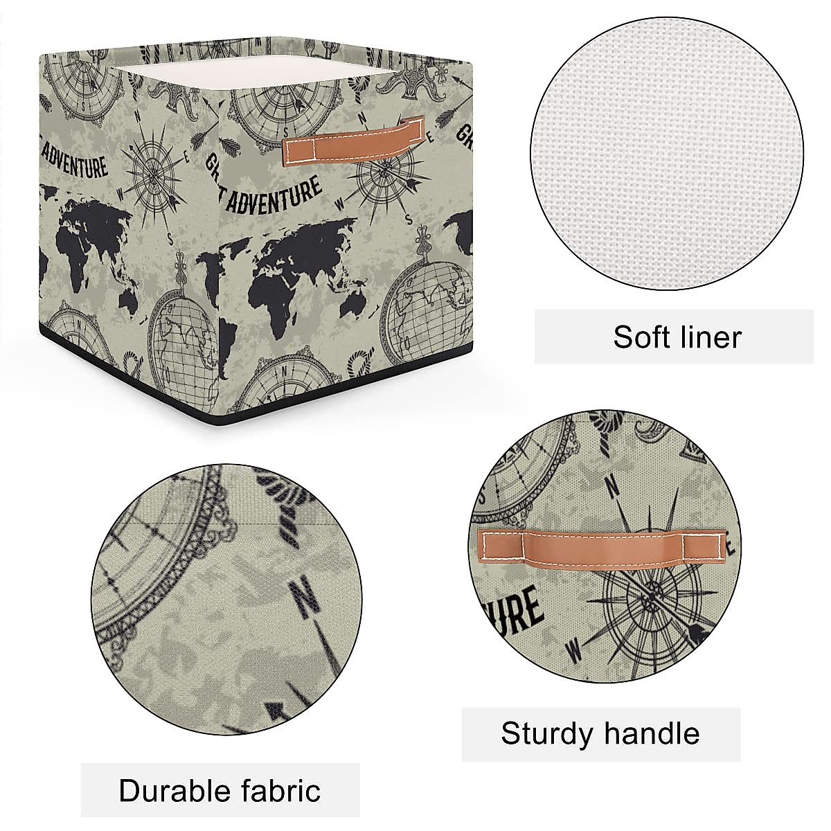 Foldable Storage Bins 13x13 Storage Cubes Old Adventure Map Fabric Storage Baskets for Shelves Drawer with Handles Organizer for Shelves Toy Nursery Closet Bedroom