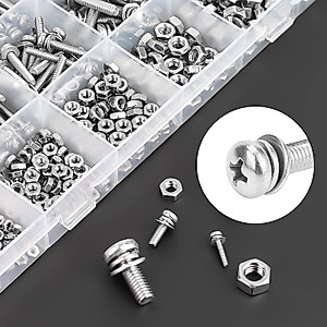 HELIFOUNER 510 Pieces Phillips Pan Head Machine Screws Nuts Washers Assortment Kit, Stainless Steel 304, Full Thread (M2 M2.5 M3 M4 M5 M6)