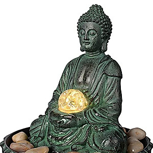 Haobos Indoor Tabletop Fountain Exquisite Sitting Buddha Fountains Meditation Desk Water Fountain Decorative Zen Fountain w/Glass Rolling Ball/LED/Stone Office and Home Decor 9.4" (21127A)