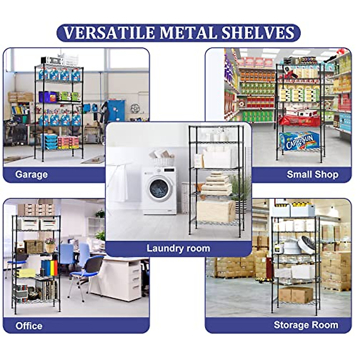 5 Tier Storage Shelves, 1250 Lbs Capacity Heavy Duty Wire Shelving Unit, NSF Metal Shelf, Adjustable Storage Rack for Garage Pantry Kitchen Office Laundry- 14" D X 36" L X72 H, Black