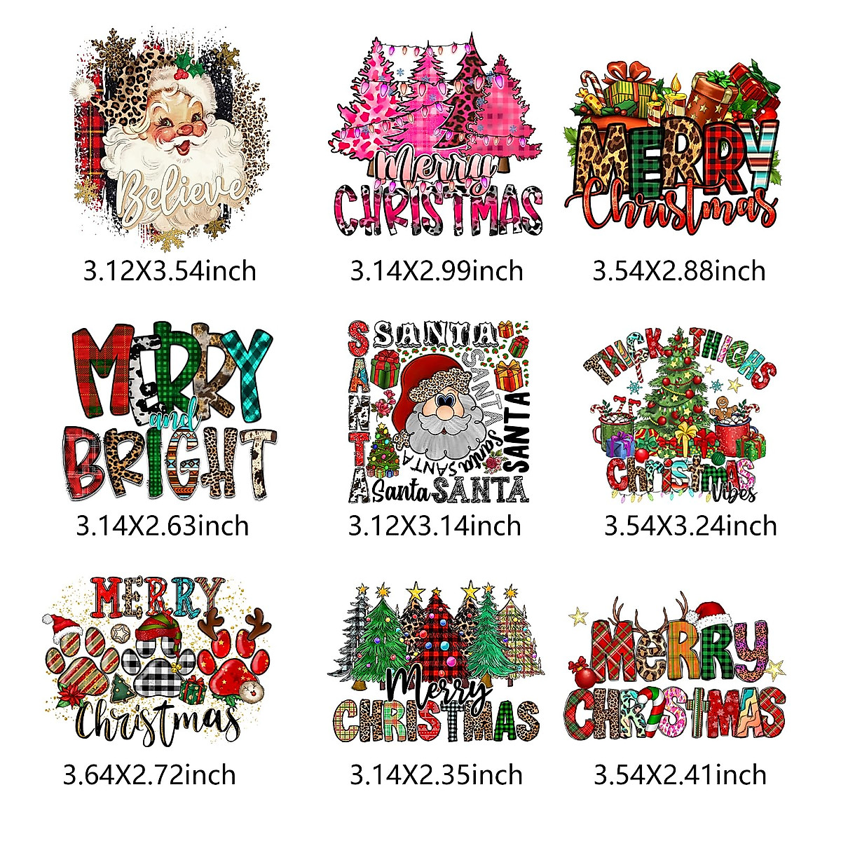TZSANXMY Merry Christmas Iron On Decals Christmas Tree Santa Claus Iron On Transfer Heat Transfers Patches for Clothing Washable Xmas Heat Press Sticker 9pcs Small Size