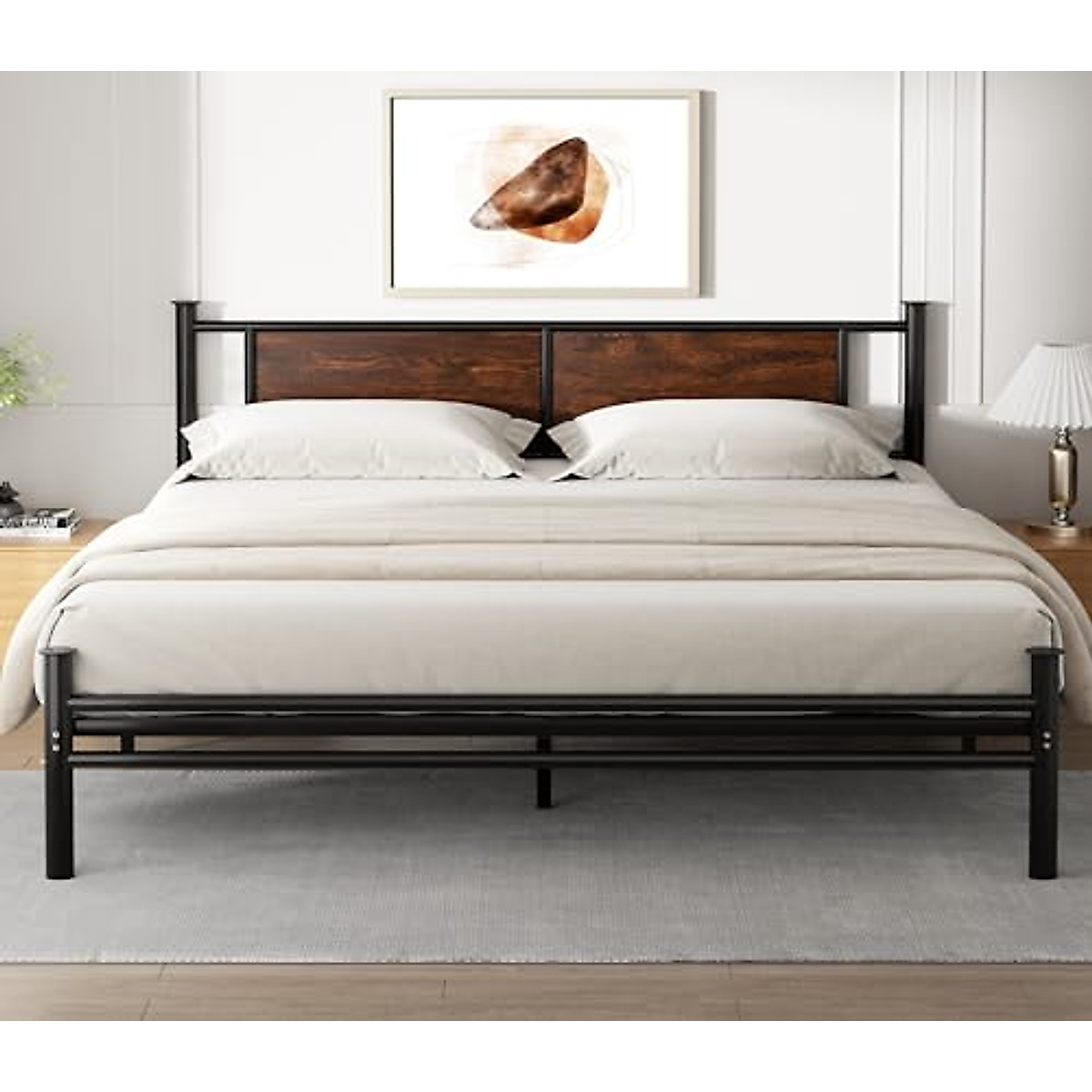 HAOARA California King Size Bed Frame with Rustic Wood Headboard, Metal Heavy Duty Platform Frame, Sturdy Steel Slat Support, No Box Spring Needed, Black