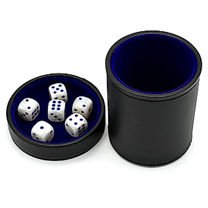 Luck Lab Black Leather Dice Cup with Lid Including 6 Matching Pearl Dice - Blue Velvet Interior for Quiet Shaking - Use for Liars Dice Farkle Yahtzee Board Games, Black