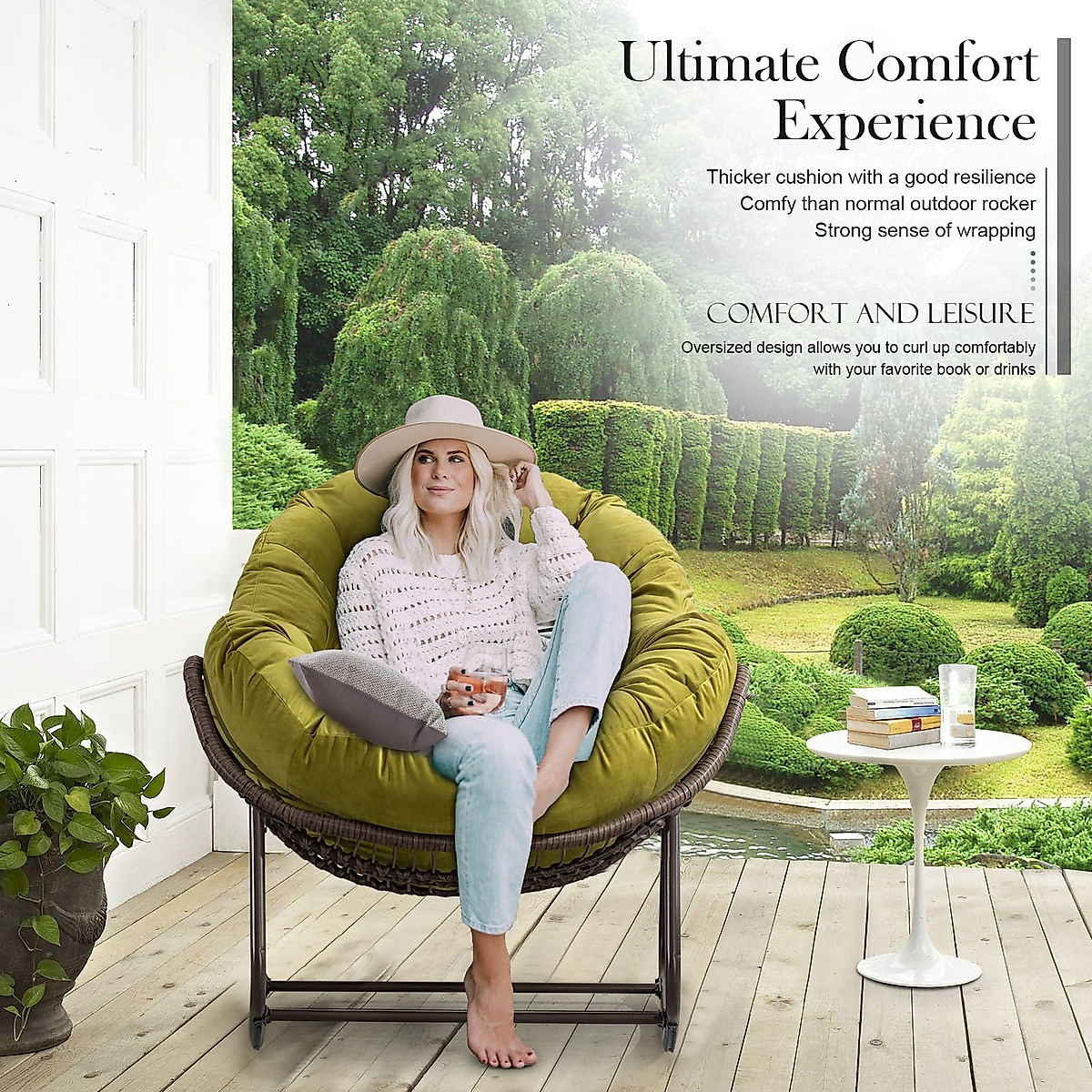 Outdoor Rocking Chair, Patio Oversized Rattan Egg Rocking Chair, Indoor Outside Padded Cushion Rocker Recliner Chair, Modern Lounge Chair for Front Porch, Garden, Backyard, Balcony, Deck, Olive Green