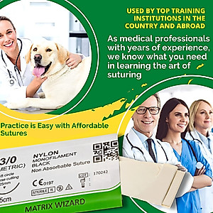 3-0 Sterile Sutures Thread with Needle (Black Monofilament) - Medical and Nursing Student's Surgical Practice Suture Kit, Training with Stitching Pad, First Aid Field Emergency Demo, Vet Use