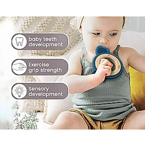 LogiBear Animal Baby Teether Ring for 6+ Months, Non-Toxic BPA Free Food Grade Silicone and Beech Wood, Baby Tested for Easy Grip and Soothing Teething Pain (Deer, Sage)