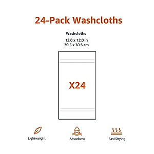 Amazon Basics Fast Drying, Extra Absorbent, Terry Cotton Washcloths - Pack of 24, White, 12 x 12-Inch