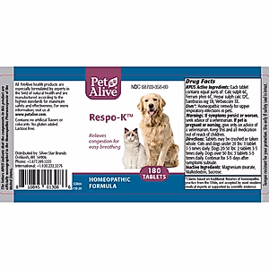 PetAlive Respo-K Tablets - Natural Homeopathic Formula for Pet Respiratory and Cold Symptoms - Reduces Sneezing, Coughing Watery Eyes, Runny Nose and Congestion in Dogs and Cats - 180 Tablets