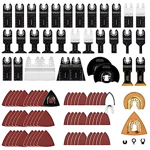 SAWVIVA 100 Pack Oscillating Saw Blades, Oscillating Tool Blades with Sandpaper, Durable Multitool Blades Kits for Cutting Wood, Metal, and Plastic with Quick Release