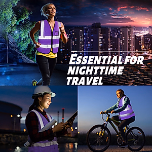 EBOOT 10 Pcs Safety Vests High Visibility Safety Vest with Reflective Strips, Neon Vest Construction Vest with Pockets (Purple)